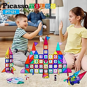 PicassoTiles 121 pc Master Builder Magnetic Building Block Construction Set Magnet Tiles Blocks with Car Truck, 2 Character Action Figures, 28 Educational Alphabet Animal and Number Graphics, Windmill