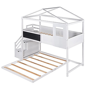 Twin Over Full House Bunk Bed with Storage Staircase & Blackboard, Wood Kids Bunk Bed with Roof and Guardrails, Playhouse Bunk Beds for Kids, Teens, Adults, No Box Spring Required (White)