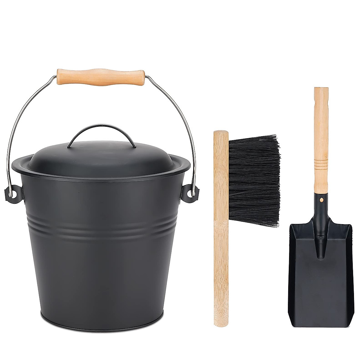 MINI Ash Bucket with Shovel and Hand Broom, 2 Gal Pail with Lid, Metal Bucket Coal and Ash Carrier Wood Pellet Storage Container Tool set for Fireplace Fire Pit, Iron Ash Wood Burning Stove