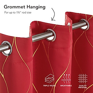 Deconovo Gold Wave Print Blackout Curtains for Bedroom, Thermal Insulated Curtains for Living Room, Room Darkening Drapes (Red/Wave, 42x63 Inch, 2 Panels)