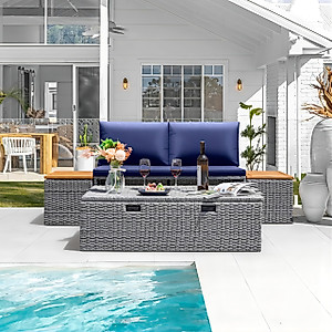 Greesum Outdoor Daybed Set Multifunctional Wicker Lounge Bed Furniture with Two Side Tables, Cushions, Storage Bench for Porch Lawn Patio Beach, Onesize, Blue