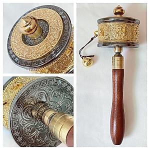 Copper Hand Held Prayer Wheel with Tibetan Buddhist Six-Character Truth Premium Buddha Scriptures, Wooden Handle Prayer Wheel for Praying, blessing, Meditation, Healing, Relaxing, Yoga
