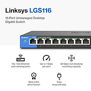 Linksys LGS116 16 Port Gigabit Unmanaged Network Switch - Home / Office Ethernet Switch Hub with Metal Housing - Wall Mount or Desktop Ethernet Splitter, Easy Plug & Play Connection
