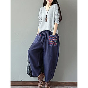 Minibee Women's Baggy Linen Wide Leg Trousers Casual Patchwork Elastic Waist Harem Pants Navy Blue 2XL