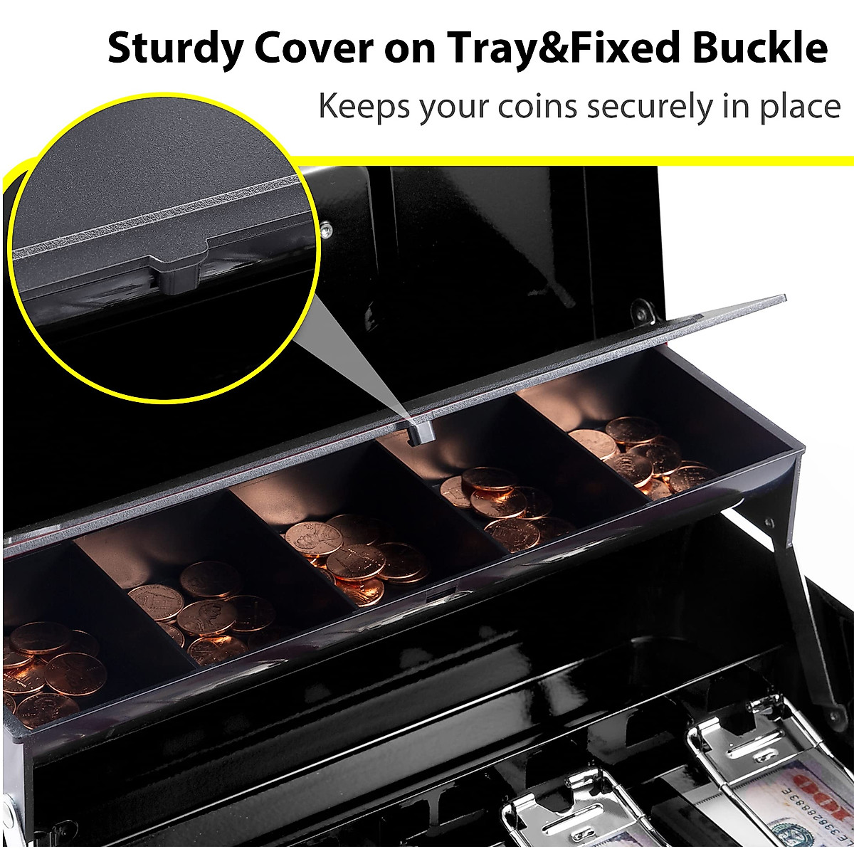 WOT I Steel Cash Box with Money Tray with Key Lock, 11.8"L x 9.5"W Cash Lock Box with Tray Cover / 5 Coin Trays / 4 Bill Slots / 2 Keys (Black))