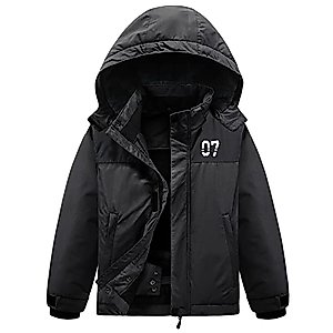 FREE SOLDIER Boys Girls Waterproof Ski Jacket Fleece Lined Warm Winter Snow Coat Kids Winter Jacket with Detachable Hood(Black,6-7/Boy)
