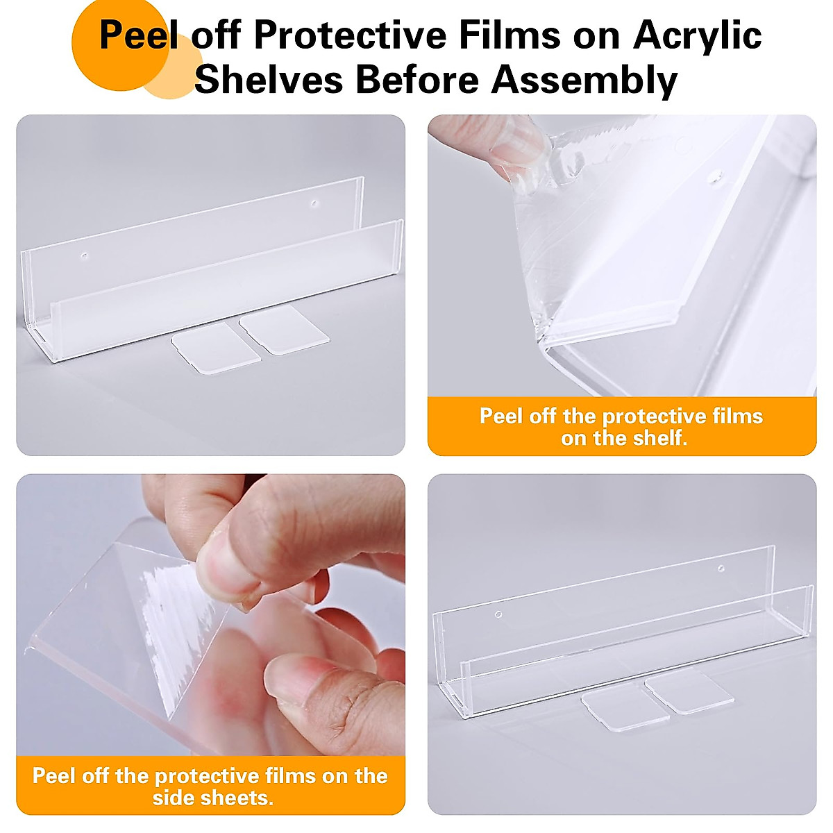 GTJ Acrylic Shelves, 4-Pack Spice Rack Wall Mount, Clear Book Shelves for Wall, Spice Organization, Vinyl Wall Mount, Cabinet, Pantry Door, Kitchen, Bedroom, Self-Adhesive and Drilling