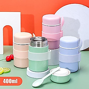 BYBYCD Food Container Portable Solid Color Vacuum Jar Stainless Steel Inner Stewed Cup Mini Insulated with A Spoon Breakfast Cup(Silver&Black)