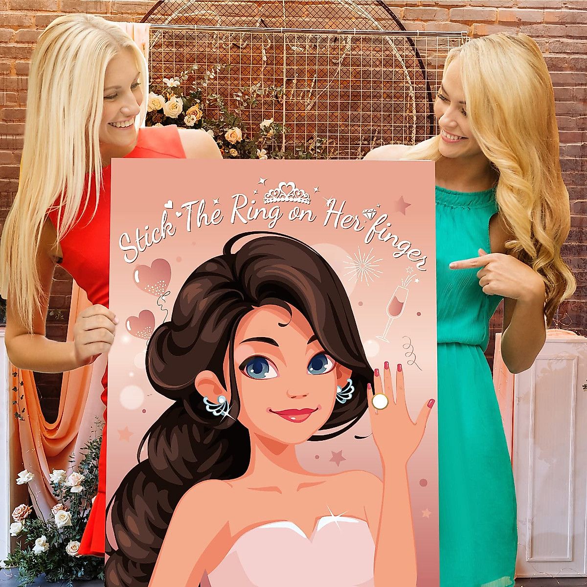 42 Pcs Pin The Ring on The Bride Bridal Shower Bachelorette Party Night Game Bridal Party Games Pin The Ring Game with Rose Gold Bridal Poster Ring Stickers Blindfold for Women Wedding Engagement
