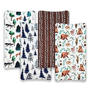 4 Pack Changing Pad Covers Woodland Forest Animals Wood Neutral Unisex Fitted Baby Changing Pad Cover Set for Baby Boys or Girls