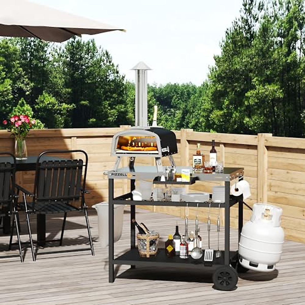 PIZZELLO Outdoor Grill Cart Three-Shelf Pizza Oven Stand Table with Wheels Dining Cart Table for Outside Patio, Movable Kitchen Cooking Prep Table BBQ Cart with 34"x 21" Stainless Steel Tabletop