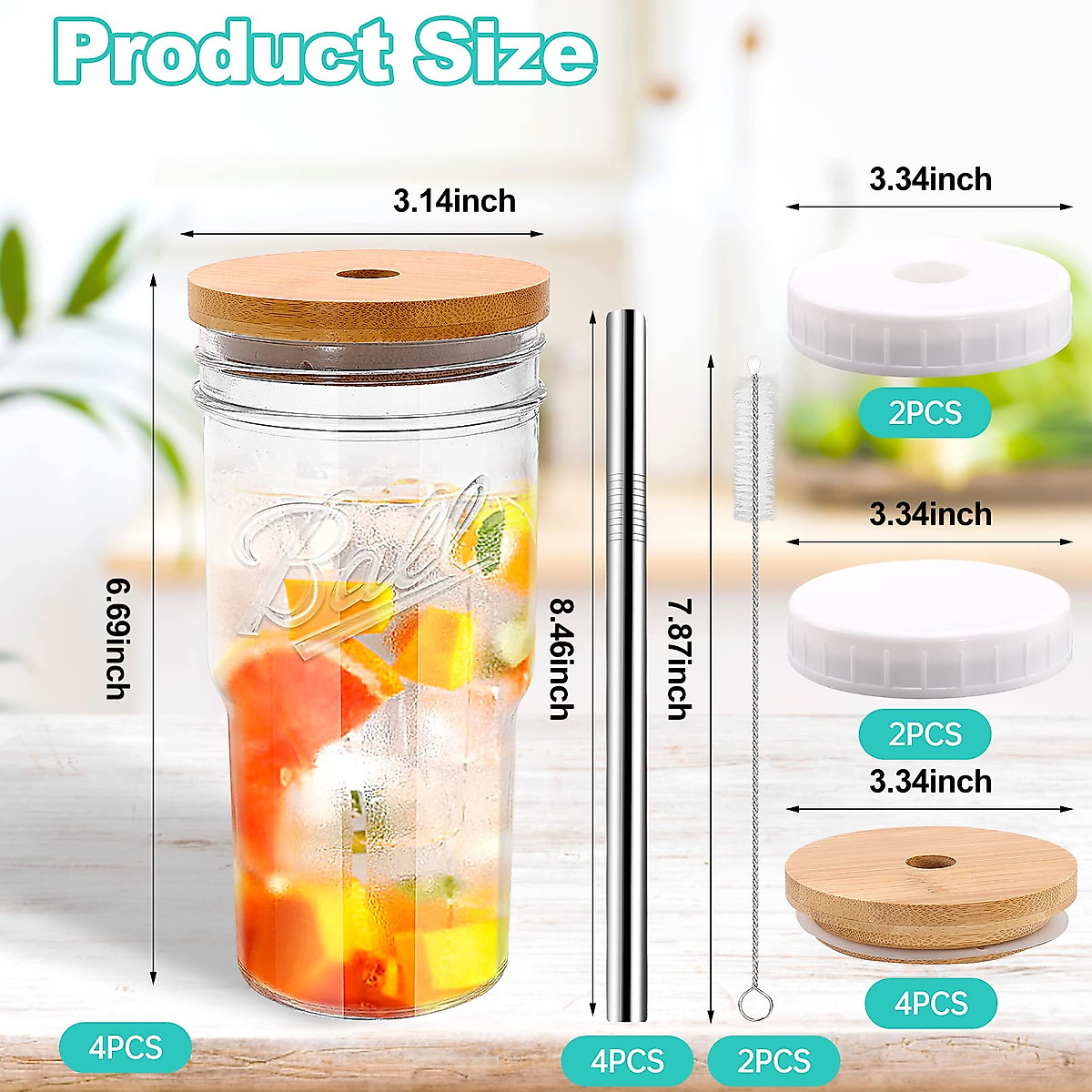 RAIBEATTY 4 Pack Glass Cups,22oz Drinking Glasses with Bamboo Lids Straws & Airtight Lids,Reusable Boba Cup Bubble Tea Cup Glass Tumbler,Iced Coffee Glasses,Wide Mouth Smoothie Cups