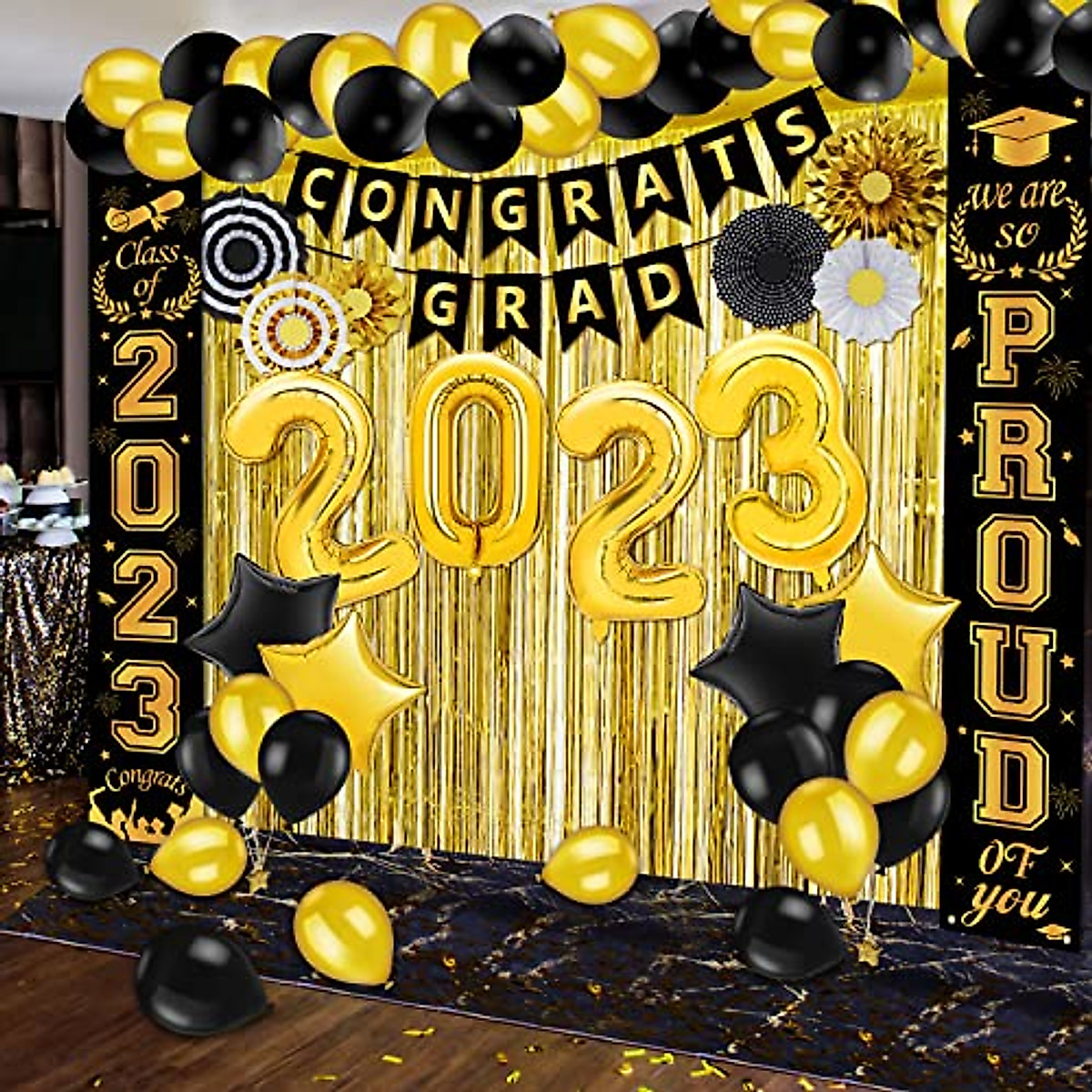 2023 Graduation Party Decorations, Black & Gold Graduation Decor Kits Include Banners and Balloons, Ideal Congrats Grad Decorations For High School, College