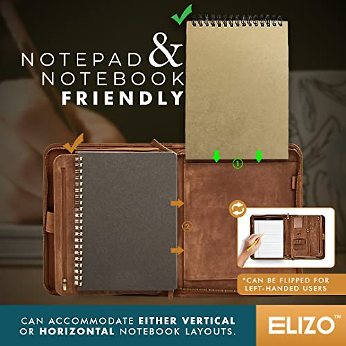 Genuine Leather Premium Portfolio Zipper Leather Portfolio Organizer Folio Leather Padfolio Portfolio Binder Portfolio Folder Leather Portfolio for Men Women Business Notebook Cover - Saddle