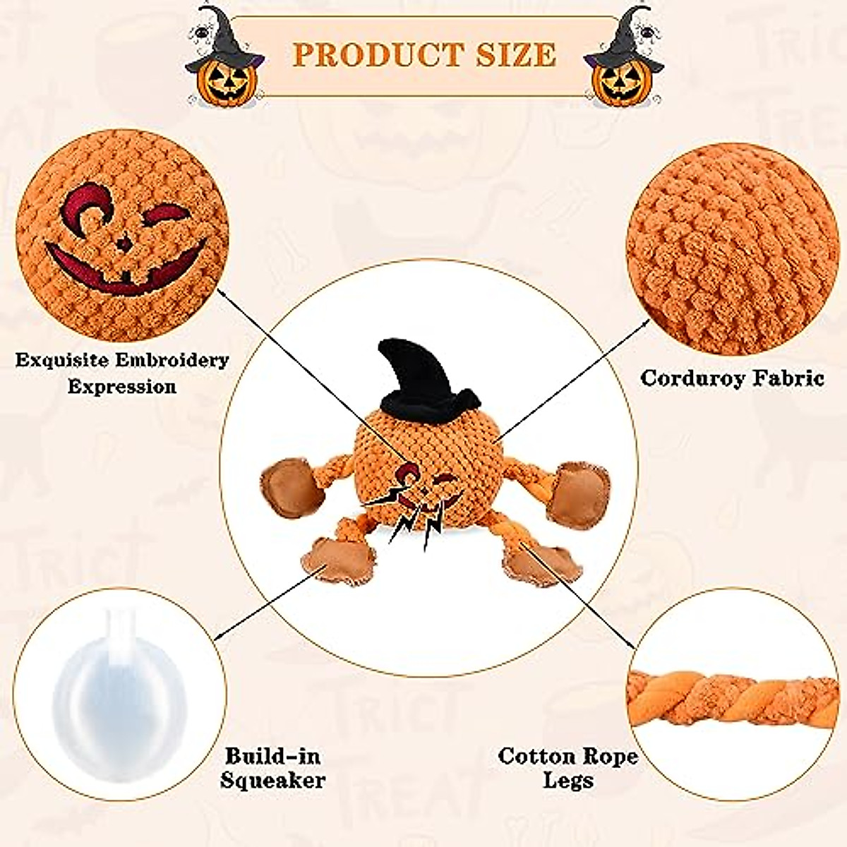 Vehomy Halloween Dog Squeaky Toy Dog Halloween Pumpkin Teething Toy Pet Dog Chew Toy Puppy Tug of War Toys Pet Interactive Dog Toy for Small Medium Dogs