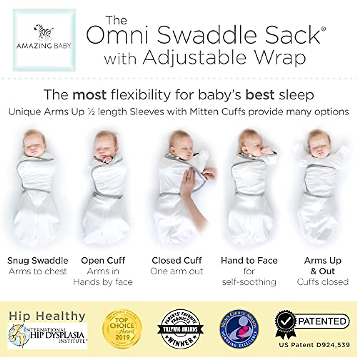 Amazing Baby 6-way Omni Swaddle Sack with Wrap & Arms Up Sleeves & Mitten Cuffs, Easy Swaddle Transition, Better Sleep for Newborn Baby Girls, Pink Stripes, Small 0-3 Months