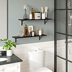 DINZI LVJ Long Wall Shelves, 31.5 Inch Wall Mounted Shelves Set of 2, Easy-to-Install, Wall Storage Ledges with Sturdy Metal Brackets for Living Room, Bathroom, Bedroom, Kitchen, Espresso