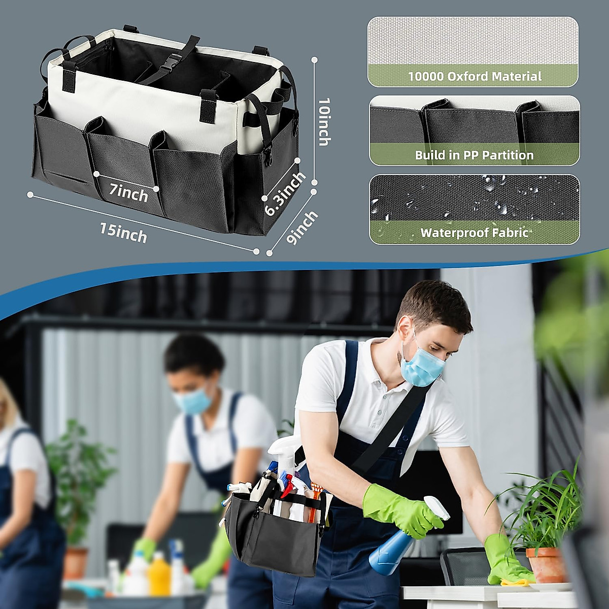 GudoInsole Large Wearable Cleaning Caddy Bag, Cleaning Supplies Organizer with 2 Foldable Dividers 2 Detachable Dividers Handle Shoulder and Waist Straps for Cleaners Housekeepers