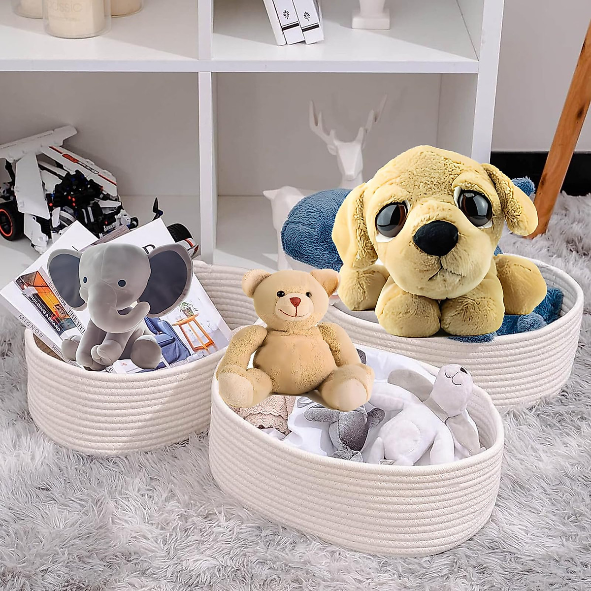 Shelf Cube Storage Organizer Bins,Rectangular Woven Basket for Living Room,Decorative Closet Storage Basket,Skin-friendly Rope Basket for Shelves,2 Pack