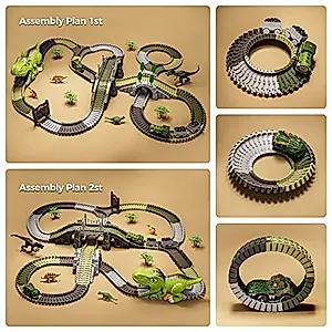 TUMAMA Dinosaur Toys Race Track, 281 Pcs Dinosaur Train Set for Kids 3-5 5-7, Flexible Train Tracks with 4 Dinosaurs Figures, 2 Electric Race Cars with Light, Create A Dinosaur Road Race for Toddlers