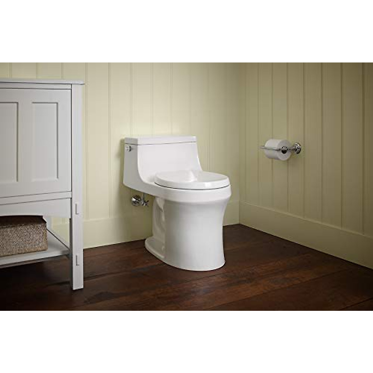 KOHLER K-4007-0 San Souci One-Piece Round-Front Toilet with Left-Hand Trip Lever, Includes Reveal Quiet-Close Toilet Seat, 1.28 GPF, White