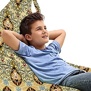 Ambesonne Autumn Damask Lounger Chair Bag, Oriental Theme Inspired Symmetrical Floral Shapes Ornaments, High Capacity Storage with Handle Container, Lounger Size, Pale Khaki and Multicolor