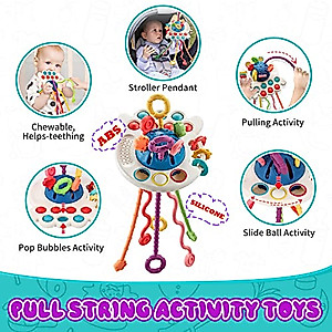 4 in 1 Baby Toys 6to12-18 Months, Pull String Baby Teething Toys, Stacking Building Blocks Infant Toys 3-6-9-12 M+, Color Shape Bin Sensory Toys, Montessori Toys for 1-3 Year Old Boy and Girl Gift