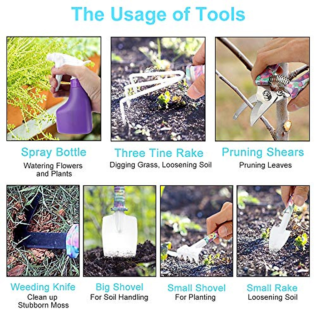 Jhua Garden Tool Set, 10 Pieces Gardening Tools Kit with Purple Flower Print, Ergonomic Handle Trowel Rake Weeder Pruner Shears Sprayer, Garden Hand Tools with Carrying Case Gardening Gifts for Women