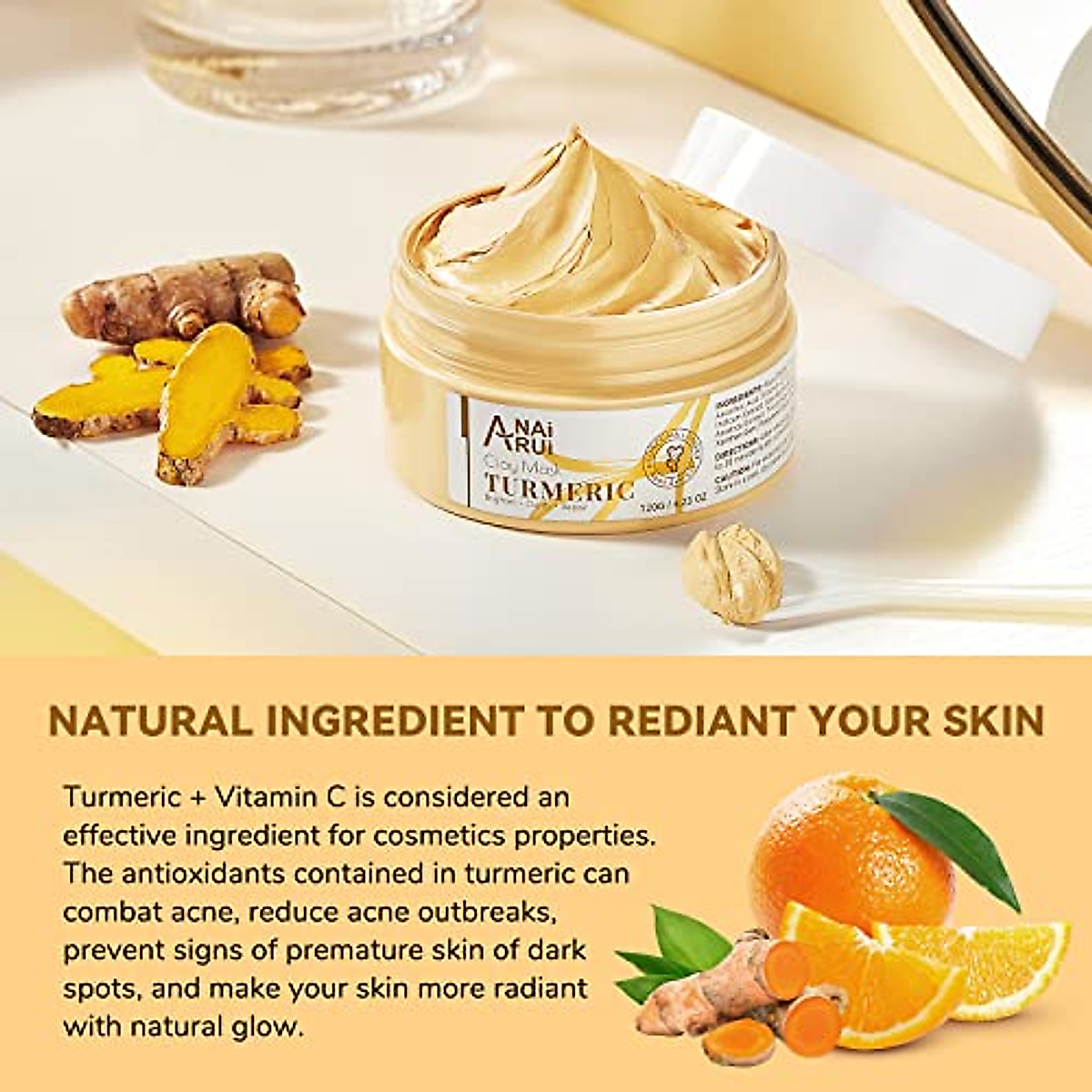 ANAI RUI Turmeric Vitamin C Face Mask for Dark Spots, Kaolin Clay Mask with Vitamin C E and Aloe, Skin Care Turmeric Clay Mask for Acne & Refineing Pores, Smooth & Radiant Skin, 4.23 OZ
