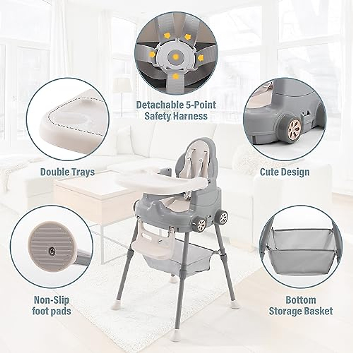 Baby High Chair,Adjustable Convertible 3 in 1 Baby High Chairs Baby Toddlers Feeding Chair Booster,5-Point Harness,Removable Tray&PU Cushion (Gray)