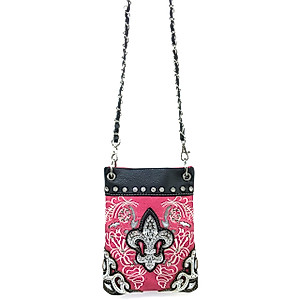 Justin West Floral Embroidery Tooled Laser Cut Rhinestone Studded Fleur De Lis CrossBody Mini Handbag Phone Messenger Purse (Hot Pink)