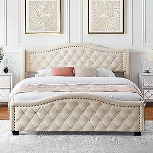 GAOMON King Size Upholstered Platform Bed Frame with Tall Headboard, Luxurious Velvet Button Tufted and Nailhead Trim Wingback, Arched Footboard, No Box Spring Needed, Beige
