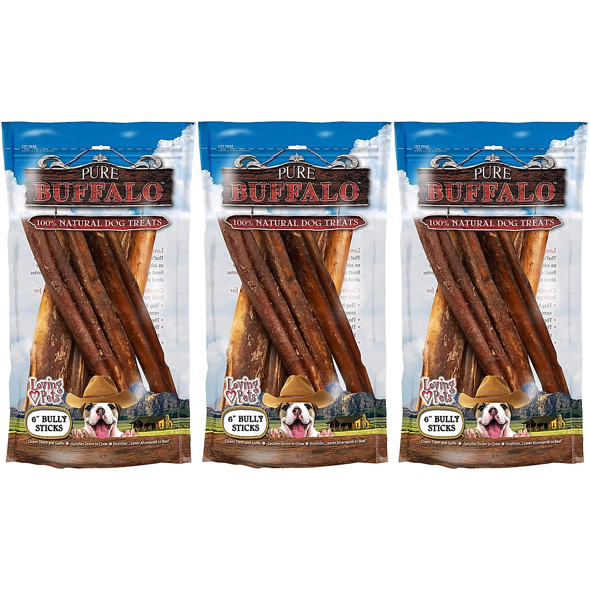 Loving Pets 3 Pack of Pure Buffalo Bully Sticks, 6 Inch