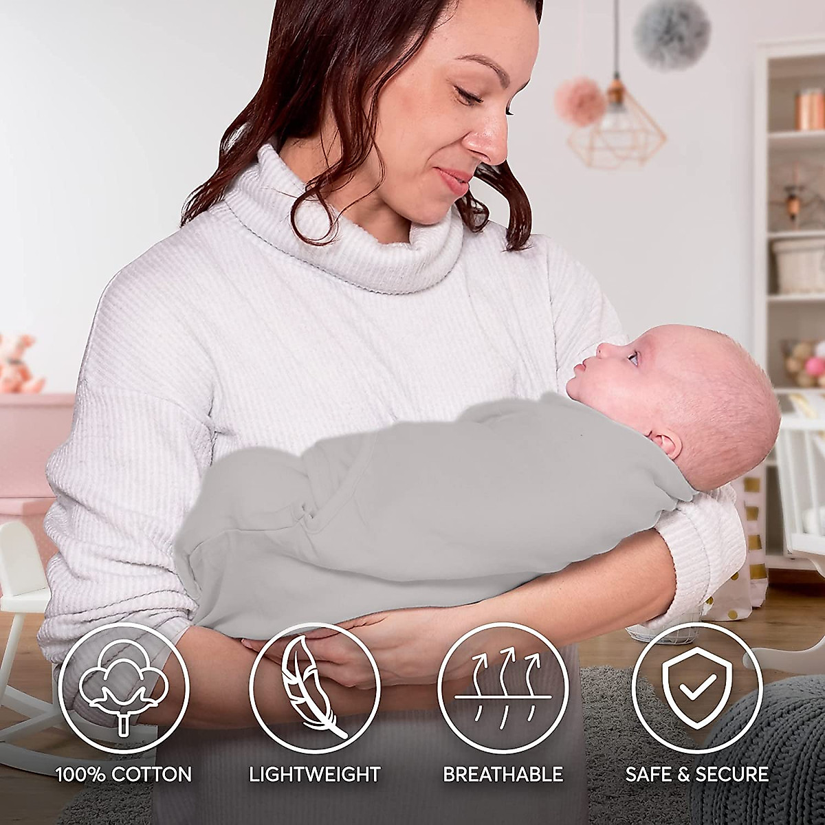 Who's That Baby 2 Pack Adjustable Baby Swaddles 0-3 Months for Newborn Boys and Girls with 2 Baby Mitten Sets, Organic Cotton | Grey and White with Black Polka Dots, Small, SB-001