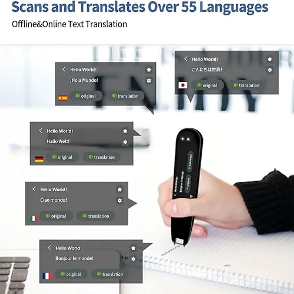 Upgrade Translation Scanning Pen, Text to Speech Device for Dyslexia, Real-time Multifunctional Pen Scanner with LCD Touchscreen, Support 12 Languages Offline Scanning Translation (Black)