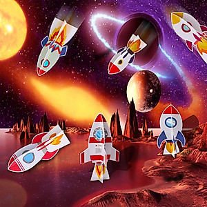 Yewong 6 Pieces Outer Space 3D Table Centerpiece Spaceship Rocket Shaped Paper Cutout Table Topper for Outer Space Theme Birthday Party Tableware Decoration Baby Shower Supplies