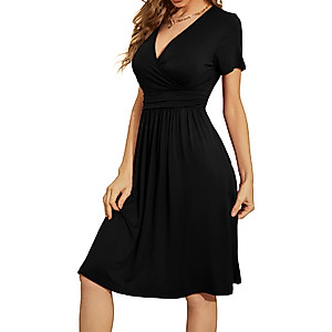WEACZZY Summer Dress for Women Casual Short Sleeve Black Dresses Wrap V-Neck Party Dress with Pockets,Black,XL