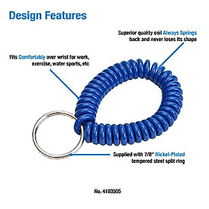 Wrist Coil with Split Key Ring, Blue, PK5