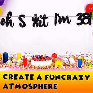 Oh I’m 38! Banner Backdrop Glitter Black Hallo Thirty Eight Cheers to 38 Years Old Theme Decor for Man Woman Happy 38th Birthday Party Photo Studio Prop Kit Flag Decorations Favors Supplies