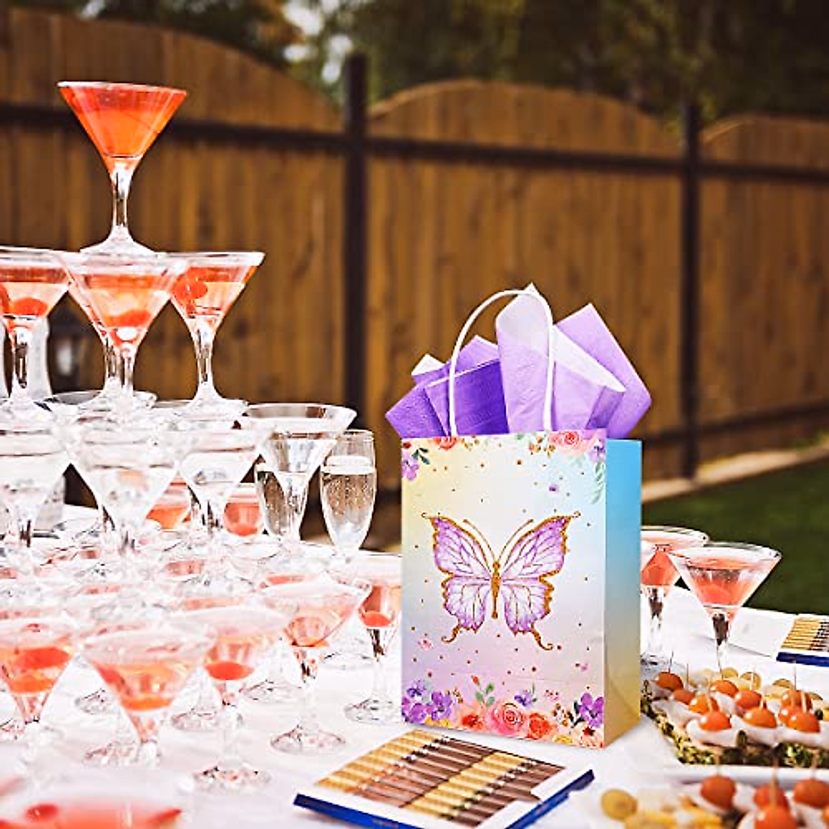 16 PCS Butterfly Party Gift Bag Favors Bags with Tissue Paper Goodie Paper Bags Pink and Purple Flowers Candy Paper Bags with Handles for Kids Girl Birthday Party Decor Baby Shower(8.2" x 5.9" x 3.1")