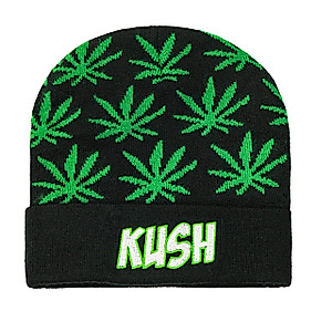 Marijuana Weed Acrylic-Hat Knit Beanie - Leaf Pot Cuffed Knit Winter Weed Beanie Hat Mens Women Green