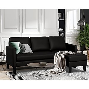 MAGIC UNION Faux Leather Convertible Sectional Couch Sofa L-Shape Sectional Sofa with Chaise Reversible 3-Seat Modern Linen Fabric Small Couches for Living Room,Apartment,Small Space,Office (PU Black)