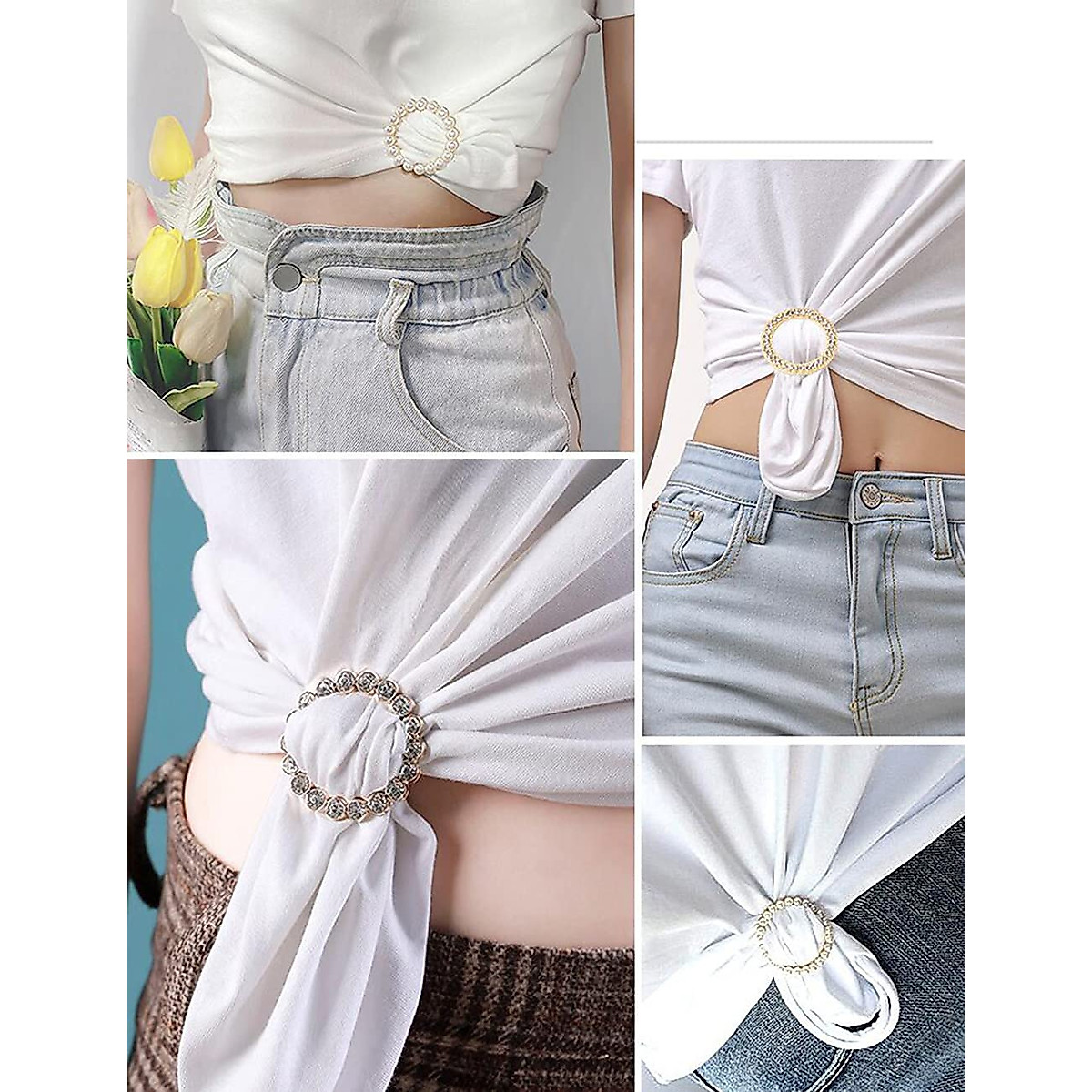 3 Pack Alloy T Shirt Clips Rhinestone Scarf Pearl Clip Buckles 1.9 Inch Round T-shirt Silk Scarves Clothes Waist Tie Decoration Accessories for Women Lady Girls
