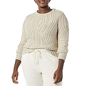 Amazon Essentials Women's 100% Cotton Crewneck Cable Sweater, Beige, Small