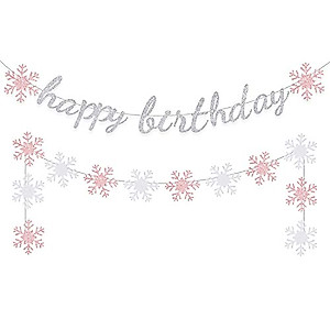Winter Happy Birthday Banner Decoration Girl Party Decoration Glitter Snowflake Garland Pink Silver Wall Hanging Christmas Holiday Supplies