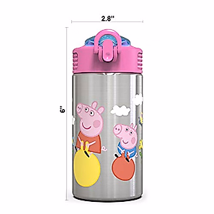 Zak Designs Peppa Pig 15.5oz Stainless Steel Kids Water Bottle with Flip-up Straw Spout - BPA Free Durable Design, Peppa Pig SS, Single Wall