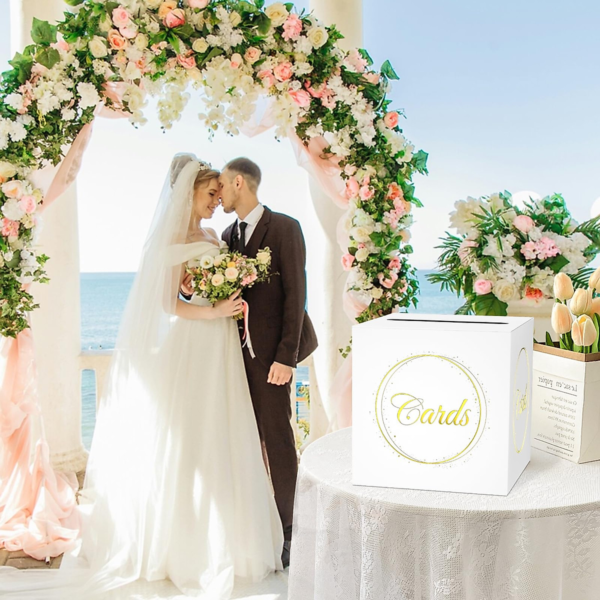 White Card Box for Party, 8.7" Circle Gold Foil Design Gift Cards Receiving Box Holder for Wedding, Bridal Shower, Graduation, Birthday, Retirement, Baby Shower, Anniversaries Party Decorations