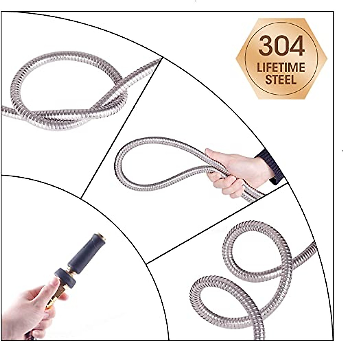 TOUCH-RICH 3FT 304 Stainless Steel Metal Garden Hose - Heavy Duty Water Hose, Outdoor Yard, Lightweight - Guaranteed Flexible & Never Kink