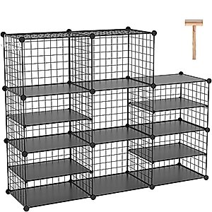 C&AHOME Wire Cube Storage Unit, Interlocking Metal Wire Organizer with Divider Design, Modular Cabinet with Plastic Panels, Bookshelf Stackable Closet Organizer with Small Hooks, Black UWCSIM08B