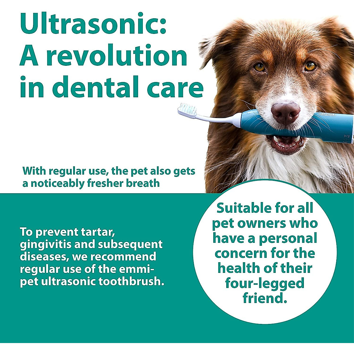 Emmi®-pet 2.0 electric toothbrush Oral & Skin Care Set for Pets. 100% Ultrasound cleans completely silently, no bristle movements and no vibration. for cleaner teeth, healthier gums, fresher breath.